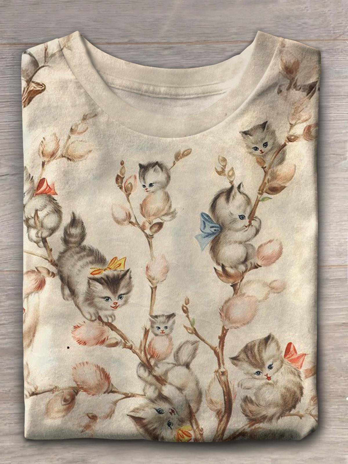 Women's Cute Cat Tree Bow Vintage Print T-shirt – Briteneye