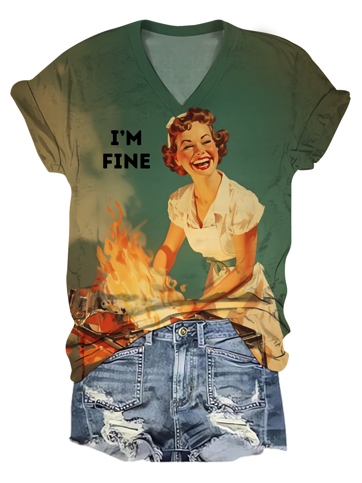 Funny I'm Fine Cooking On Fire V-Neck T-Shirt – Briteneye